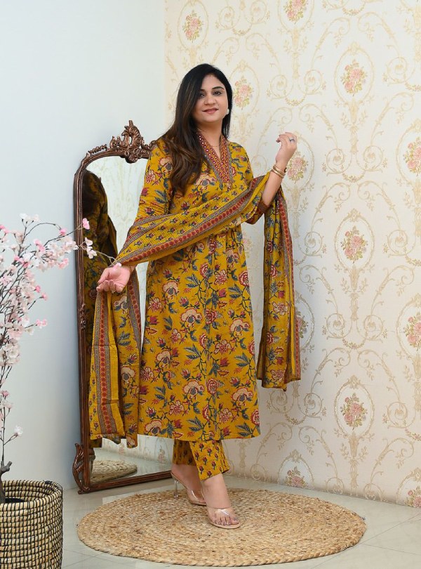 Floral A-Line Pant Set with Dupatta | Latest Kurti Designs
